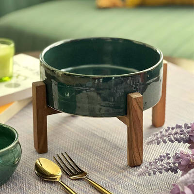 Buy/Send Ceramic Serving Dish With Wooden Stand - Single Piece - Green ...